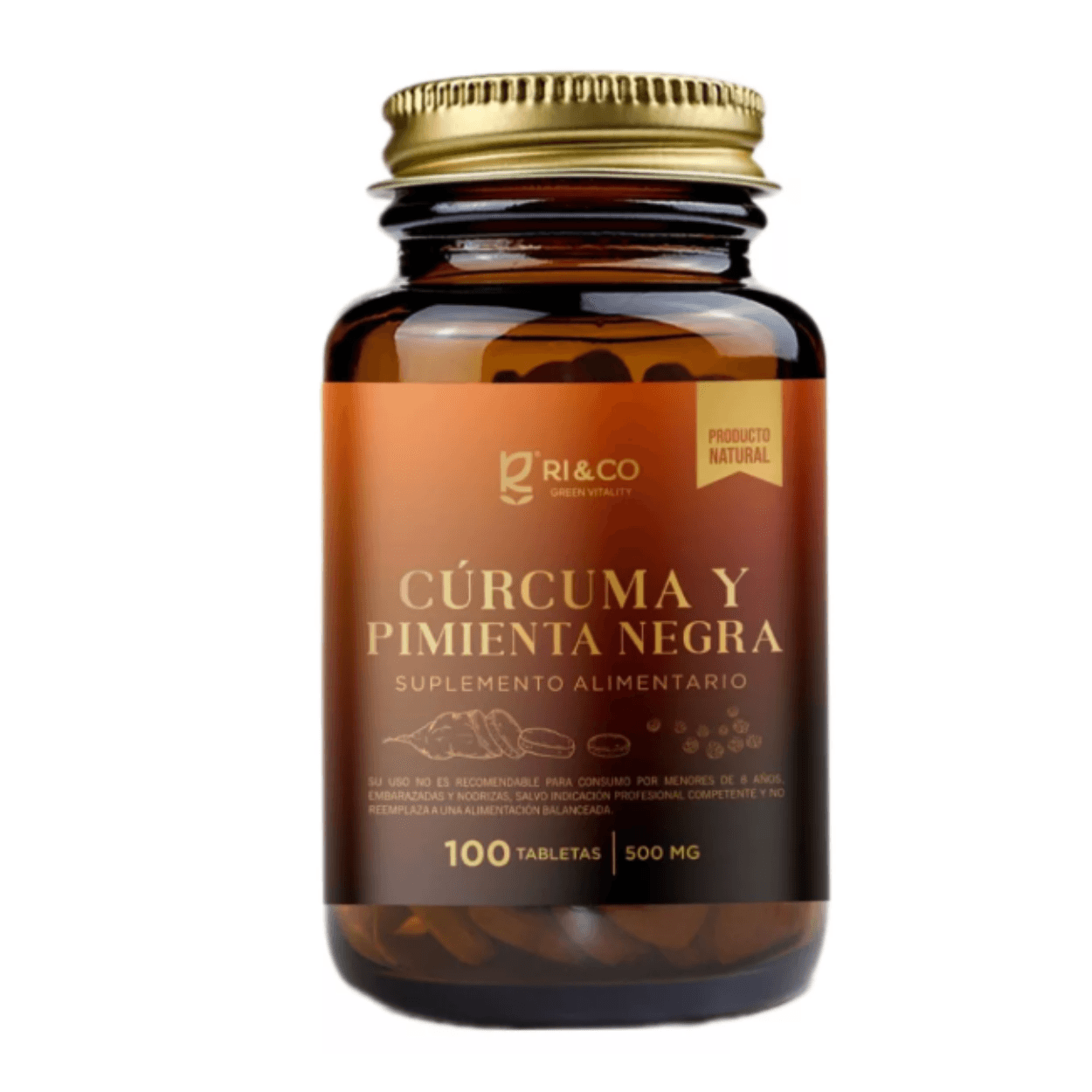 Curcuma Y Pimienta 100 Tabletas 500mg Riandco Vidrio - Mitahara